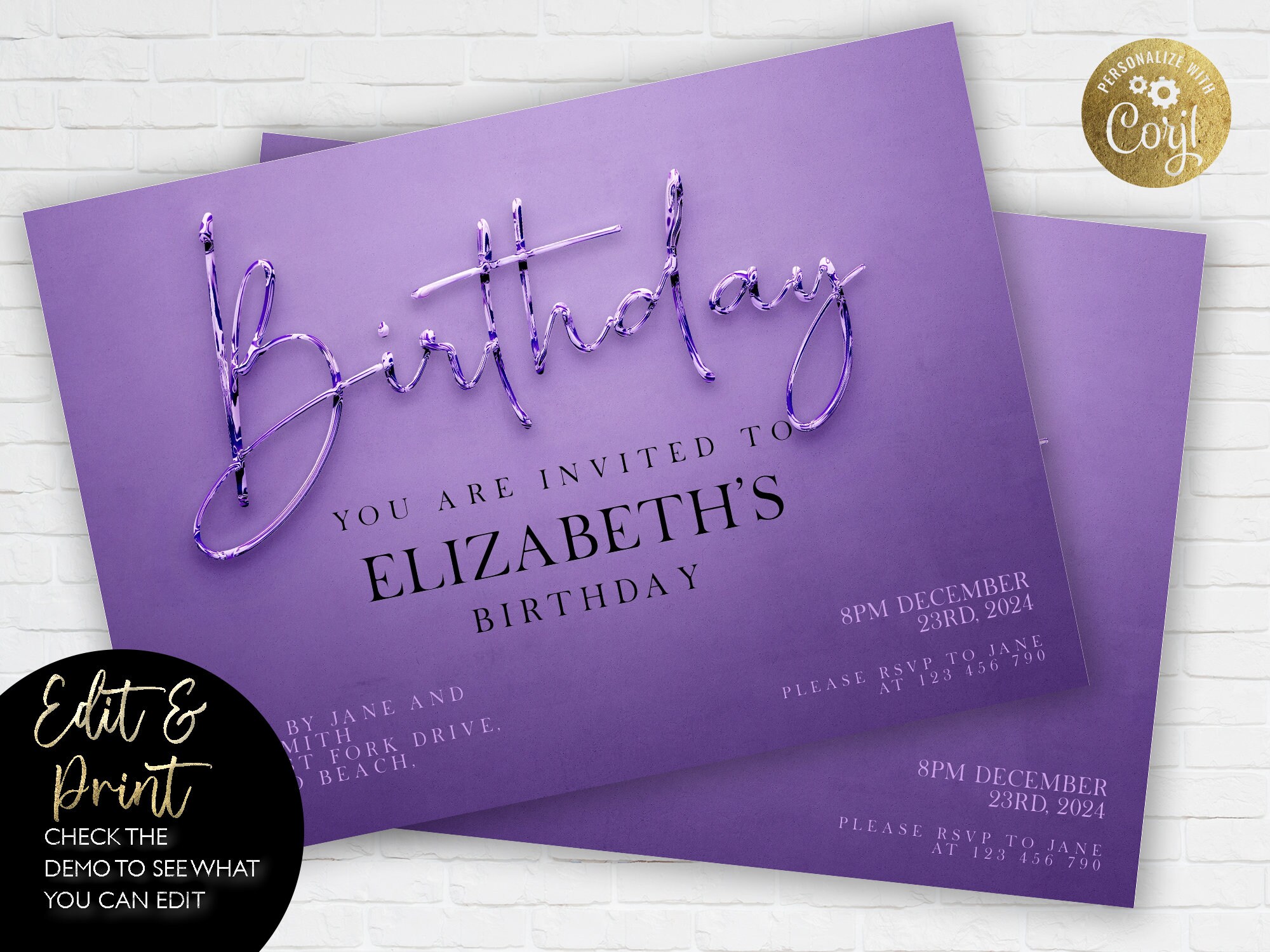 Purple Birthday Elegant Invitation Birthday Party Simple - Etsy