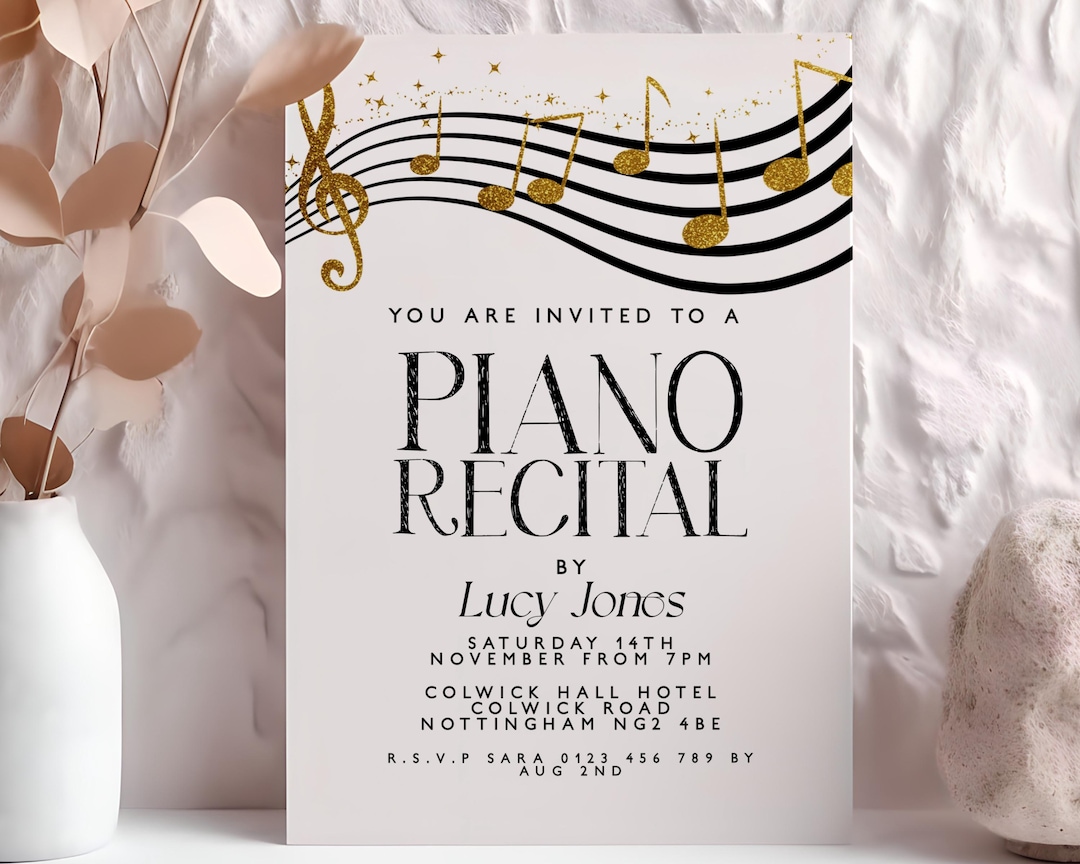 Piano Recital Invitation – Editable Gold & Black Musical Notes Digital ...