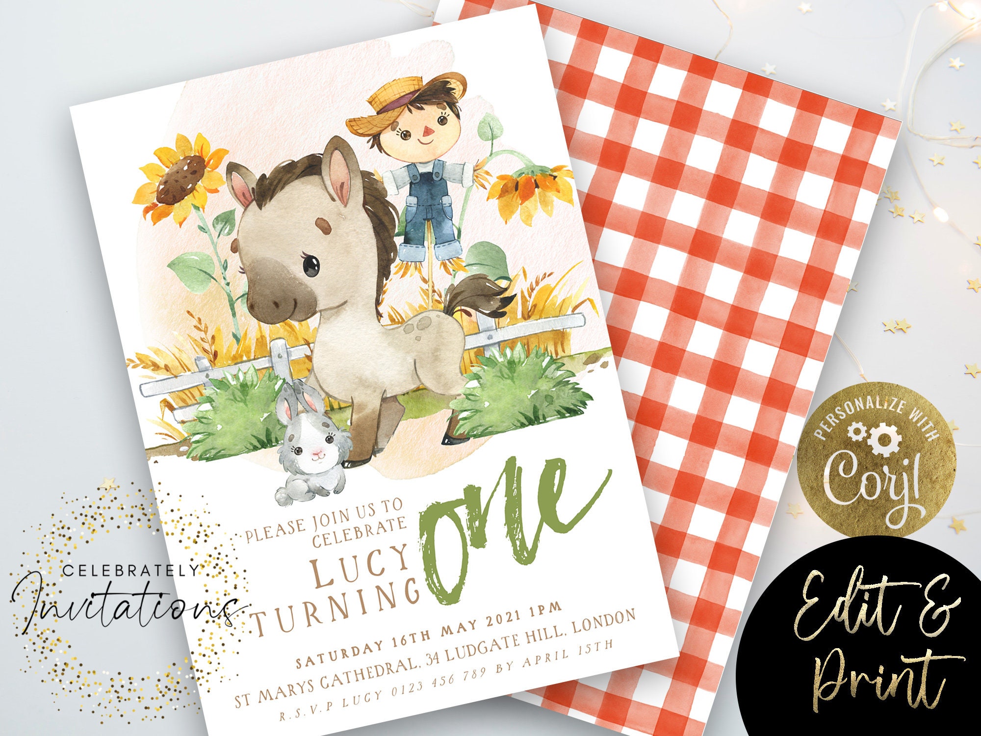 Farmyard 1st Birthday Invitation EDITABLE Gender Neutral Farm Animals ...