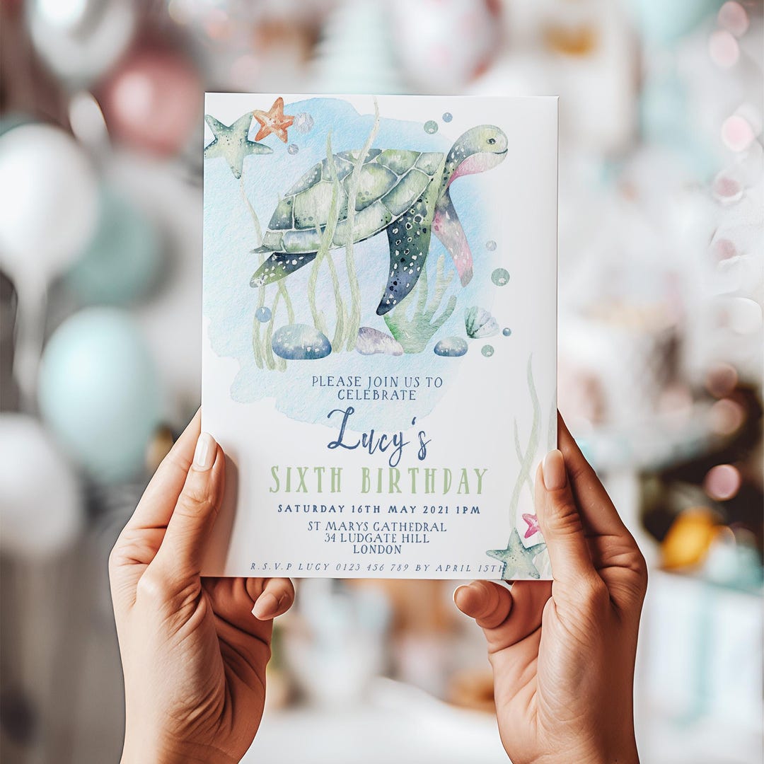 Sea Turtle Invite Kids Birthday Invitation, Editable Coral Reef Theme ...