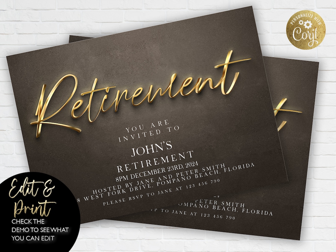 Retirement Invitation Template: Black Gold Elegant Design - Editable ...
