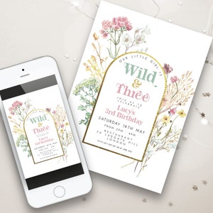 Pastel Wild and Three Wildflower Birthday Invitation Editable ...