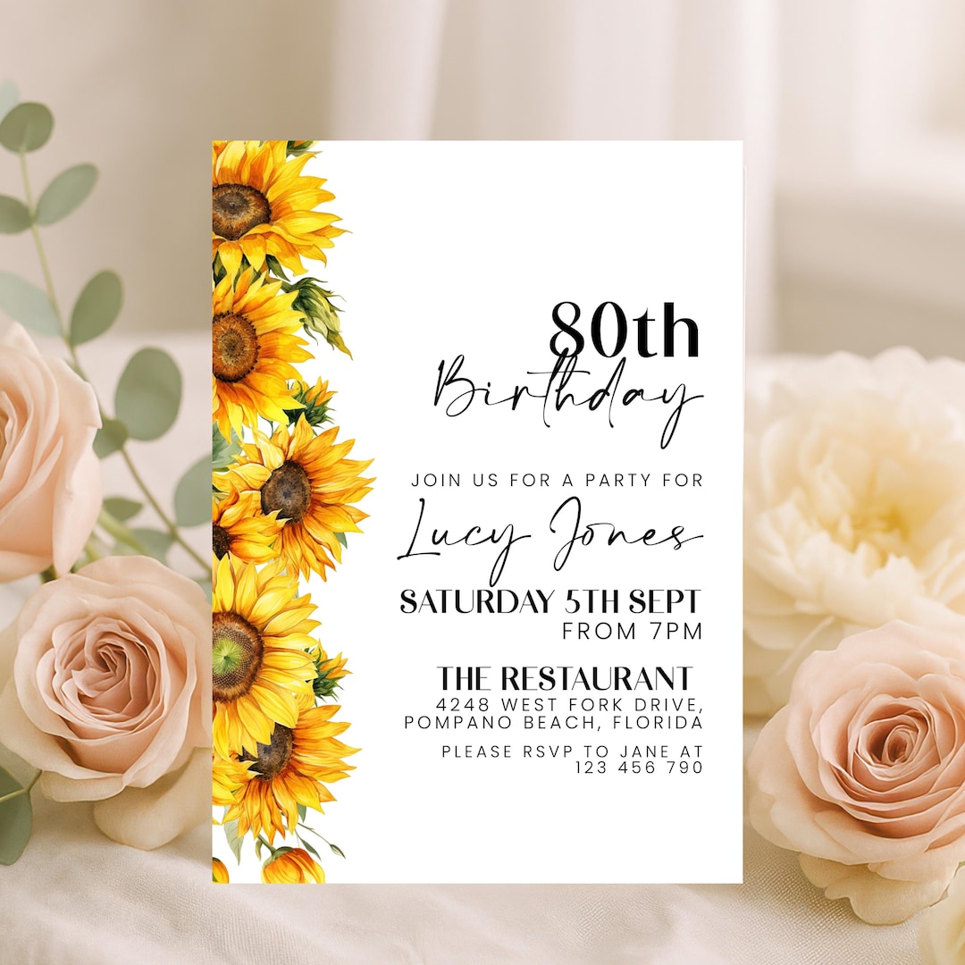 Editable 80th Birthday Invitation Template, Printable Floral Sunflower ...