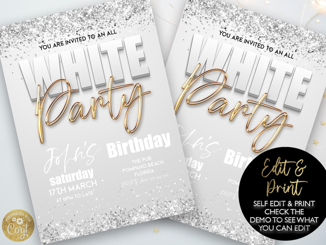 All White Party Invitation Bling Bling All White Birthday Bash White ...