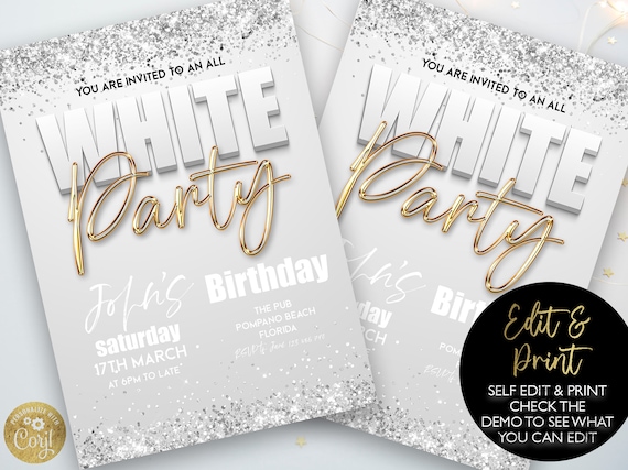 All White Party Invitation, Bling Bling All White Birthday Bash, White ...