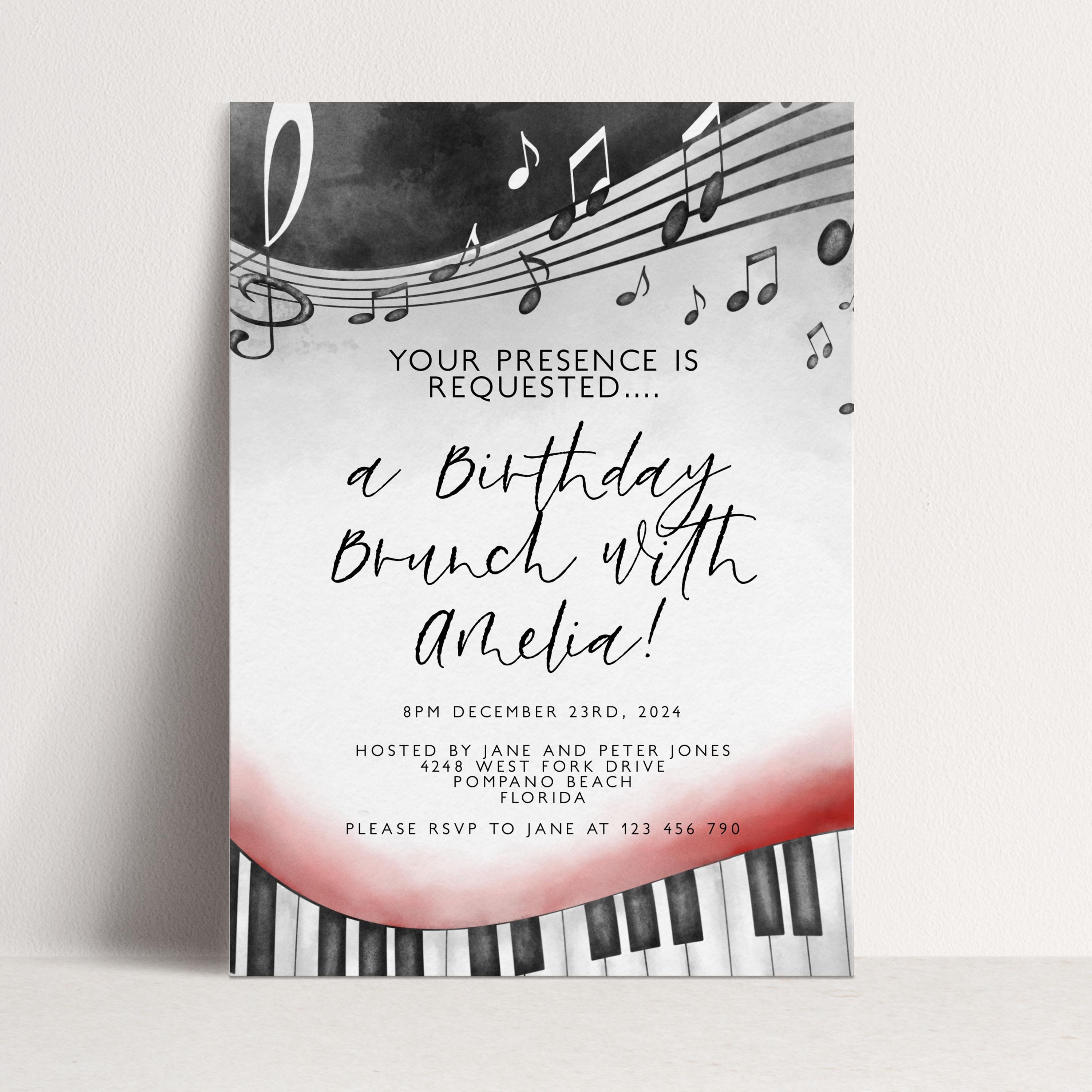 Birthday Brunch Invitation Editable Template: Music Notes and Piano ...