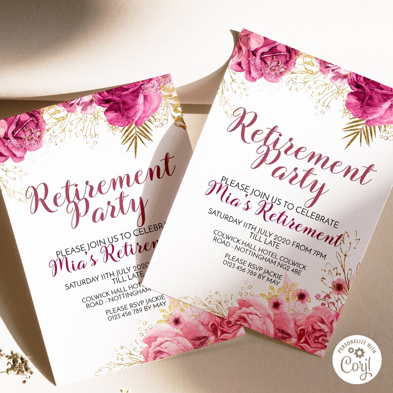 Retirement Invitation in Pink and Gold Flowers Editable | Etsy