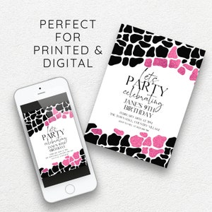 Editable Cow Print Party Invitation Pink Glitter Cow Print Birthday ...