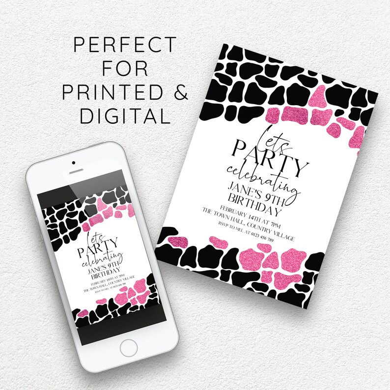 Editable Cow Print Party Invitation Pink Glitter Cow Print Birthday ...