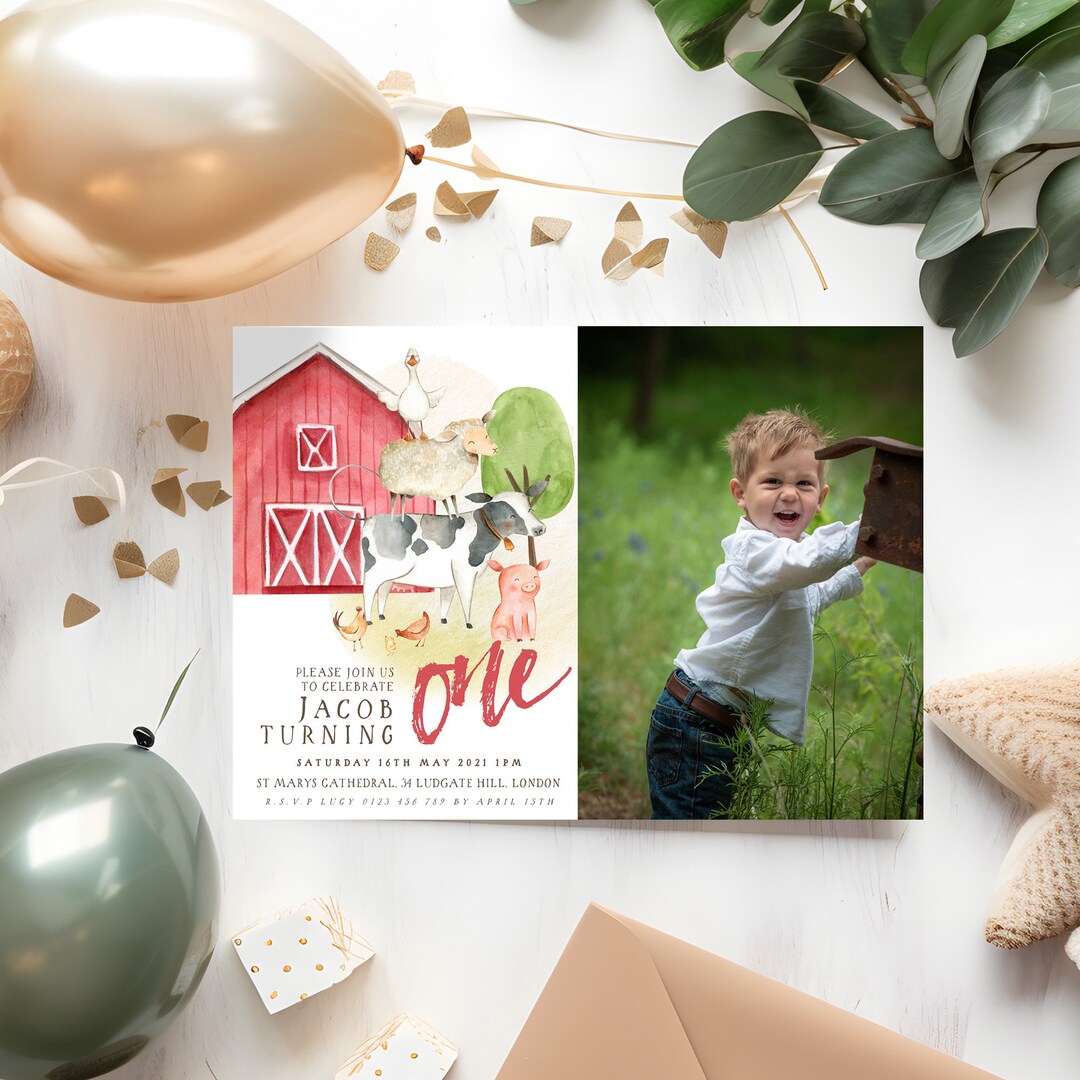 Farm Yard 1st Birthday Photo Invitation EDITABLE Gender Neutral Farm ...