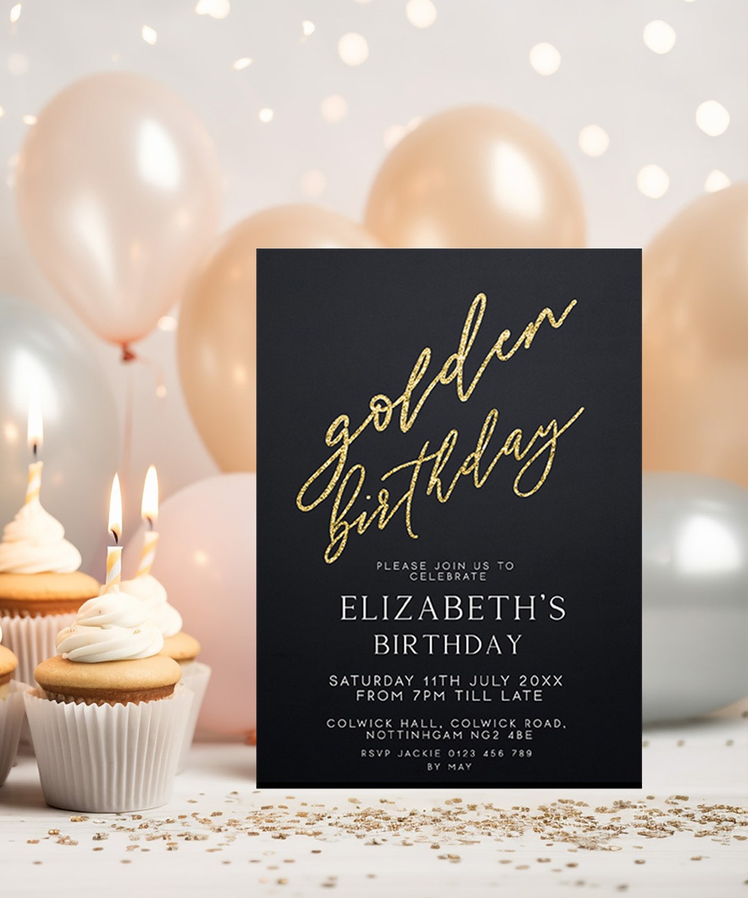 Editable Golden Birthday Invitation Printable Party Template Black Gold ...