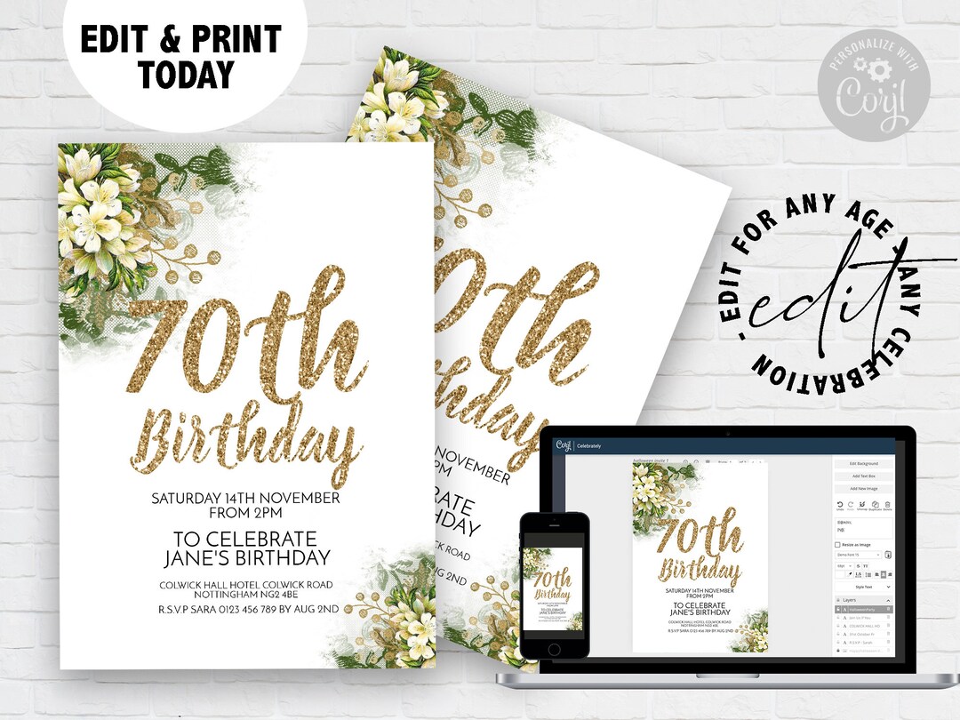 70th Birthday Invitation Template Gold Glitter Floral Birthday ...