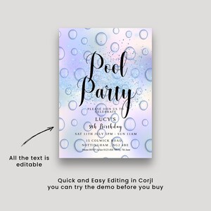 Pool Party Invitation Blue Watercolour Printable Swim Birthday Backyard ...