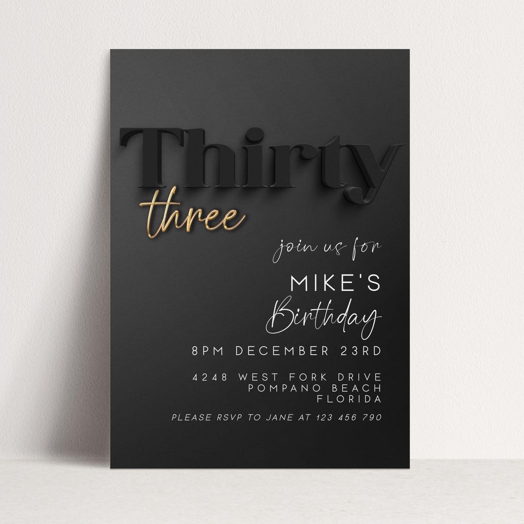 Editable 33rd Birthday Invitation – Black and Gold Party Invite for Him ...