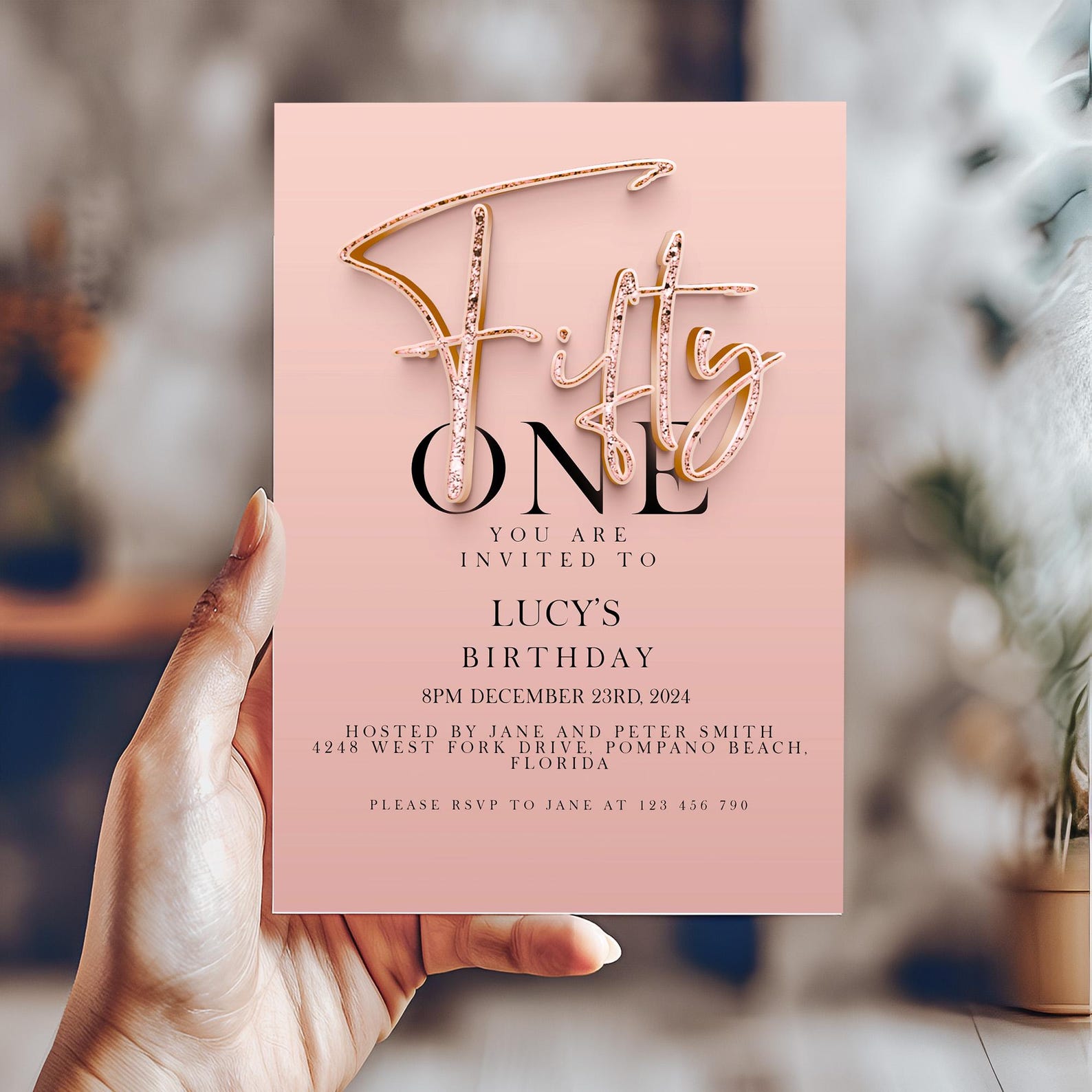 51st Birthday Invitation Editable Invite Blush Sparkly Invitation ...