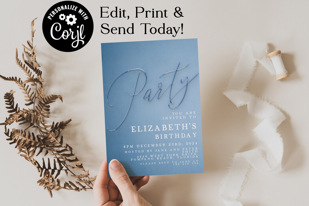 Editable Party Invitation For Women, Modern Blue Invite Template ...