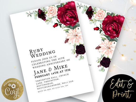 Anniversary Invitation Ruby Wedding Invitation Template 40 | Etsy