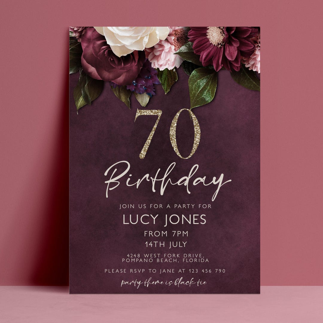 Floral Party Invite 70th Birthday Invitation: Burgundy Gold Glitter ...