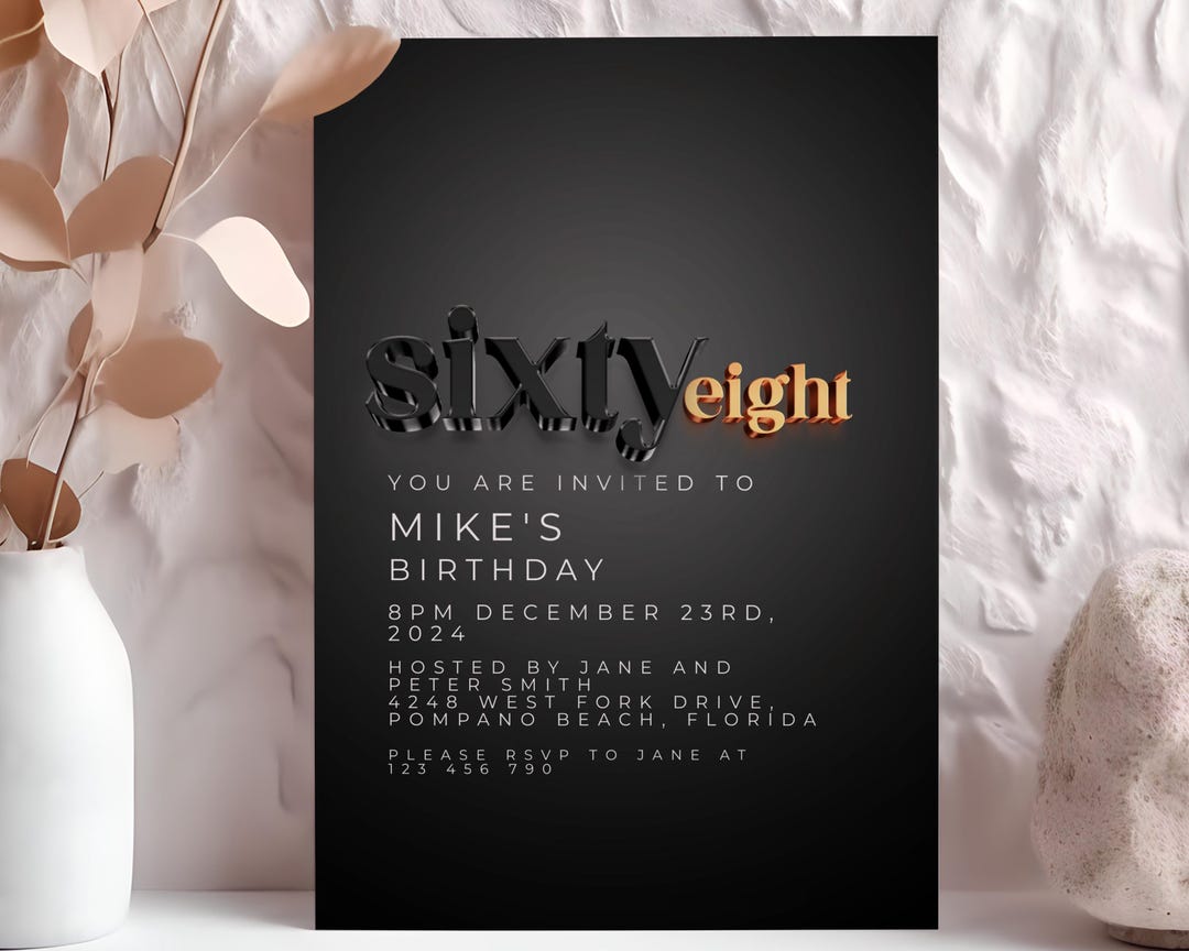 68th Birthday Invitation Editable 68th Invite Black and Gold Invitation ...