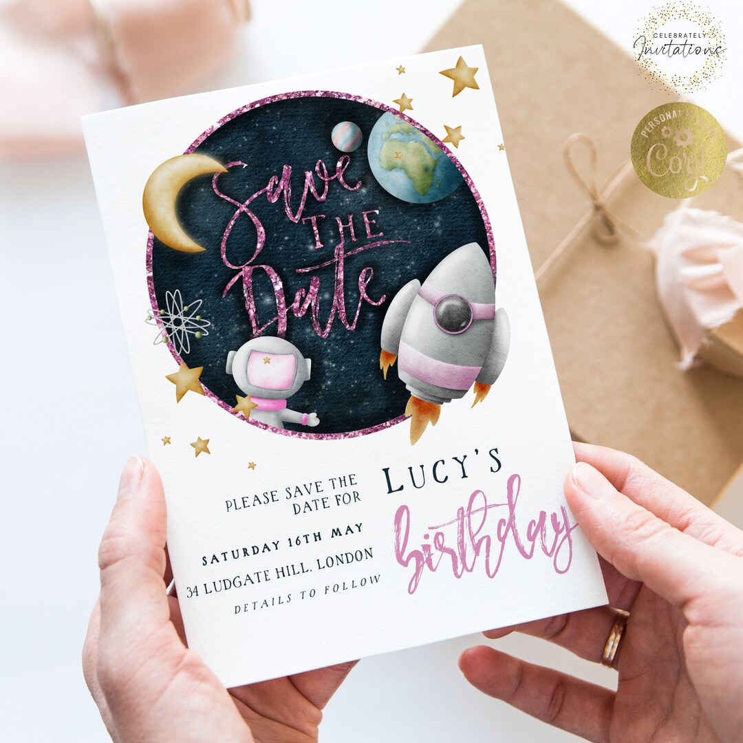 Space Birthday Save the Date Invitation Pink Space Girl Printable ...