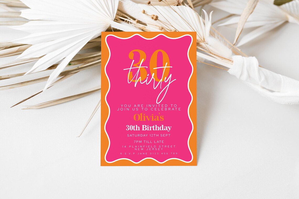 30th Birthday Invite Pink and Orange Editable Party Invite Modern Forty ...