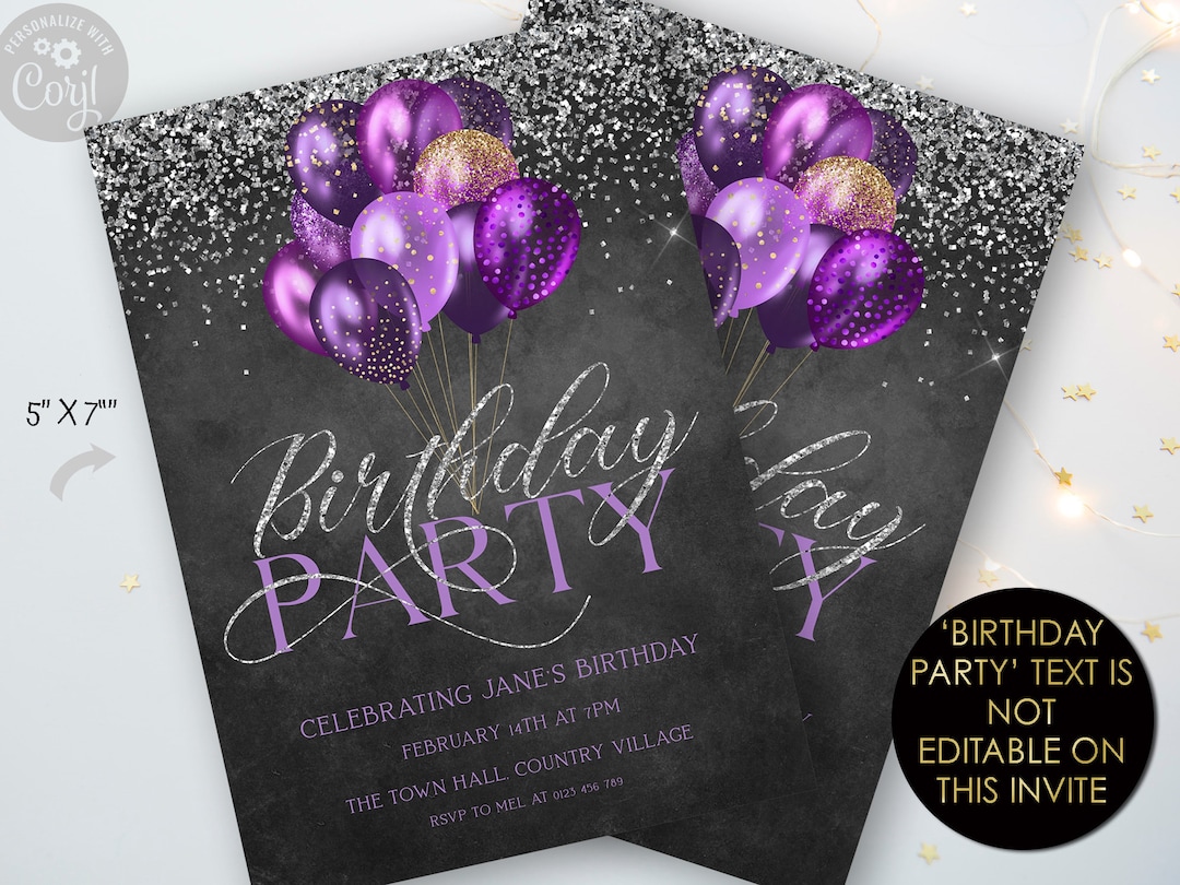 Purple Birthday Invitation Purple Balloons Chalkboard Editable ...