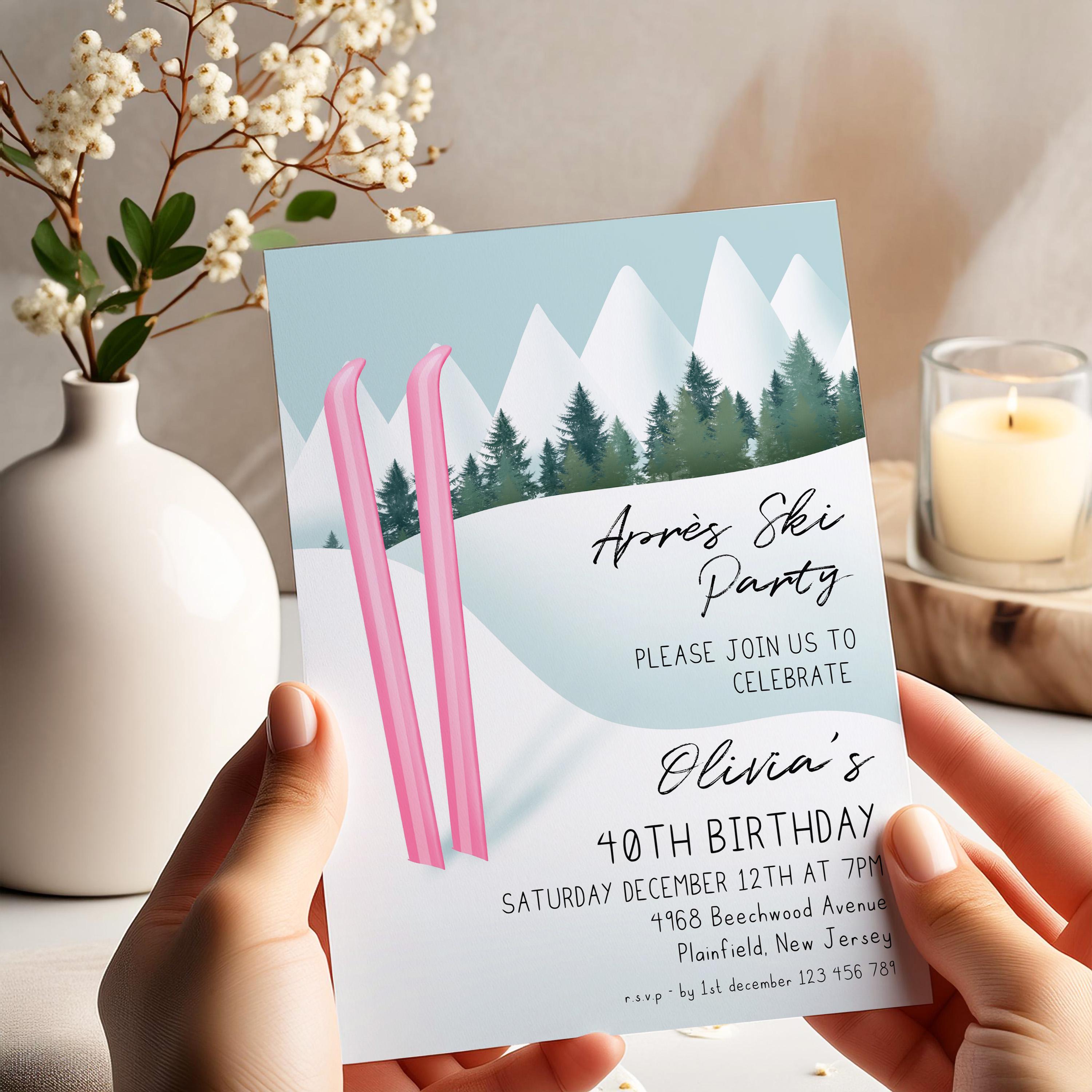 Après Ski Party Invitation – Editable Pink Ski 40th Birthday Invite ...