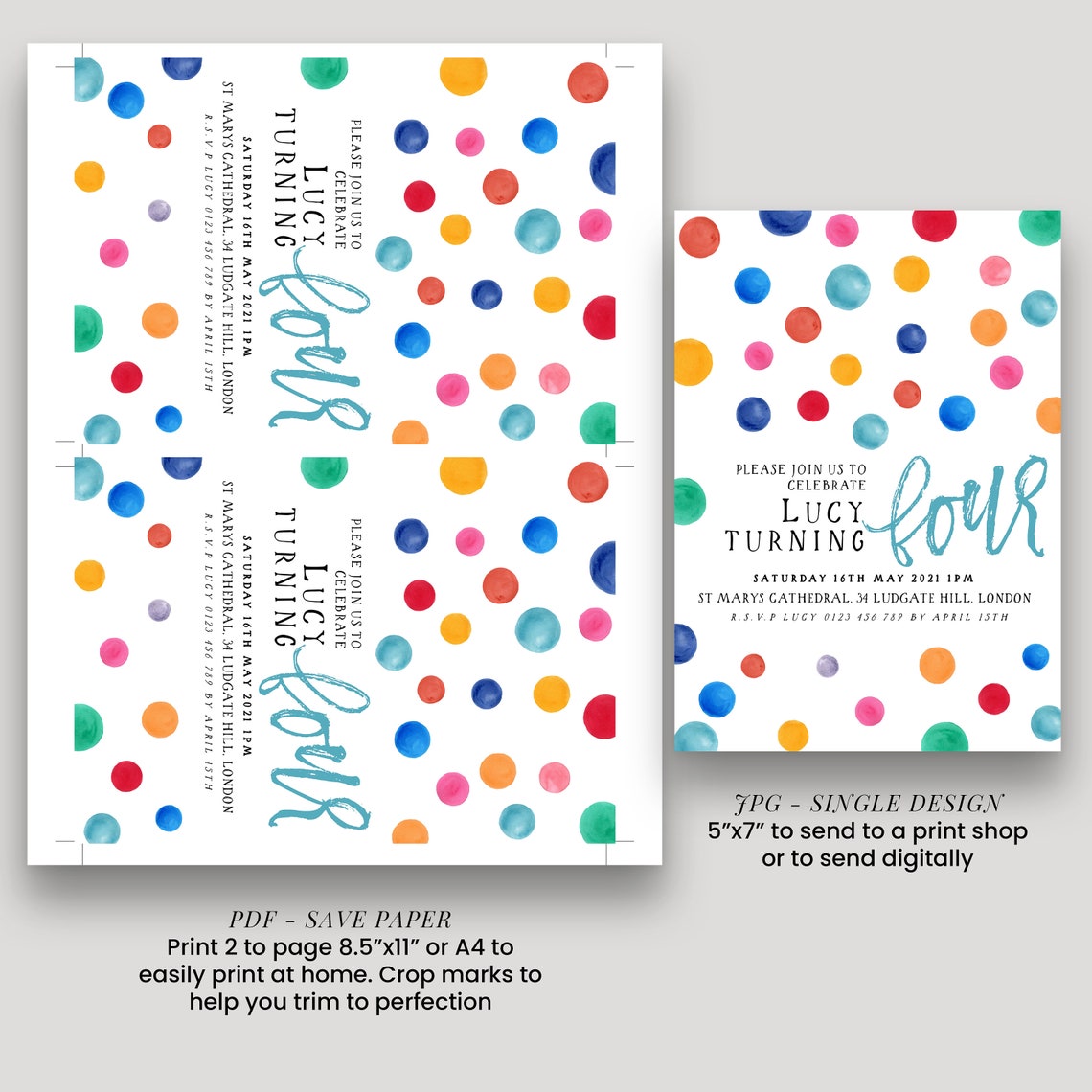 Polka Dot 4th Birthday Invitation EDITABLE Multi Coloured Dots ...