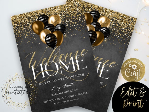 Welcome Home Gold Welcome Invite Homecoming Party Chalkboard Invite ...