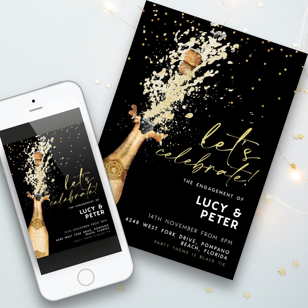 Champagne Editable Let's Celebrate Engagement Invitation, Black and ...
