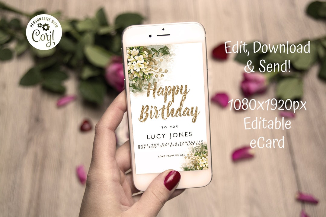 Paperless Electronic Birthday Ecard Floral and Gold Glitter Digital ...