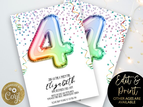 4th Birthday Invitation Editable Template Rainbow Balloon Invite 4 Year ...