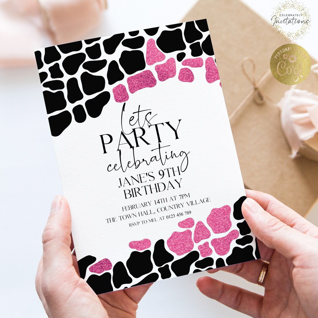 Editable Cow Print Party Invitation Pink Glitter Cow Print Birthday ...