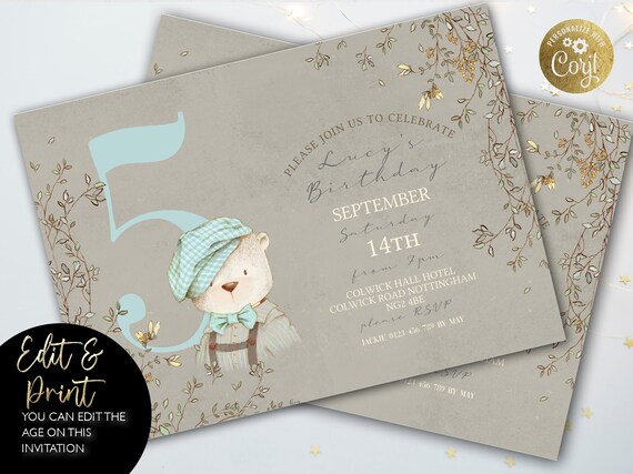 5th Birthday Invitation Editable Template Bear For Him Her Invite 4 5 6 ...