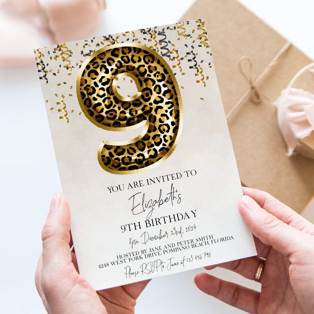 9th Leopard Print Birthday Invitation Editable Template Animal Balloon ...