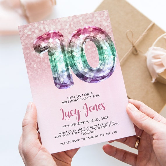 10th Mermaid Birthday Invitation Editable Template Balloon Invite 10 ...
