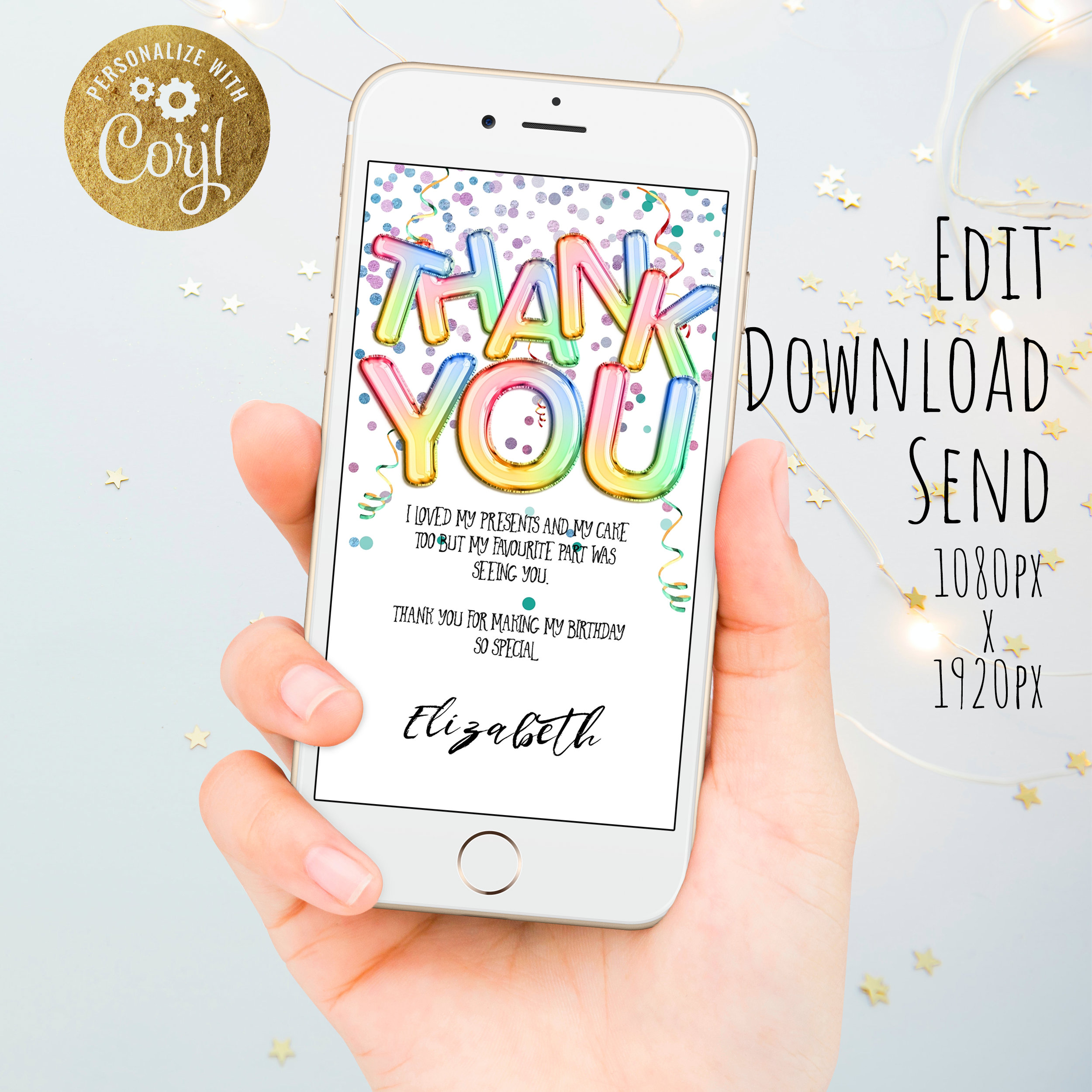 Electronic Thank You Birthday Thanks Digital Rainbow Balloons Editable ...