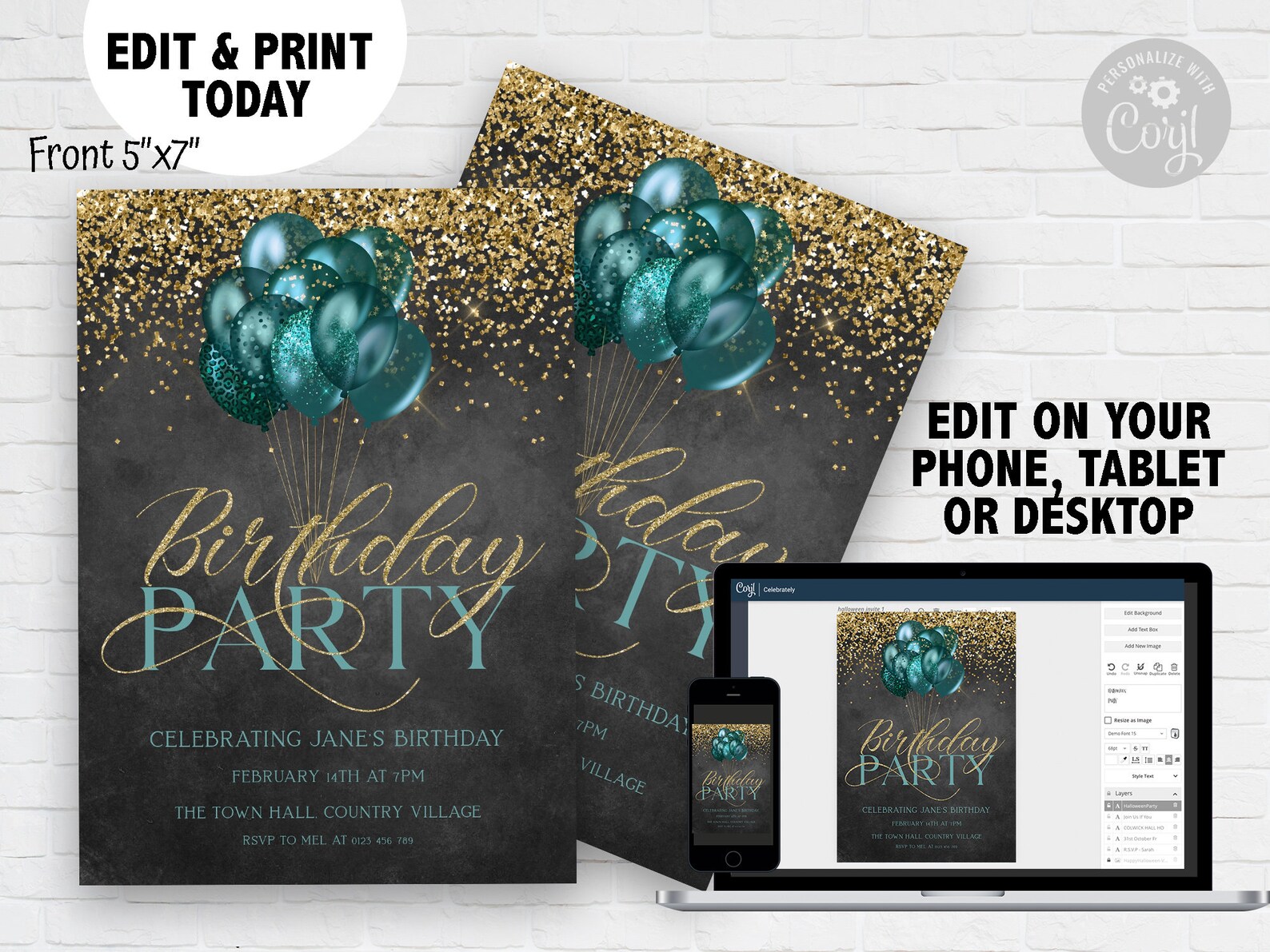 Birthday Party Invitation Teal Balloons Chalkboard Editable Printable ...