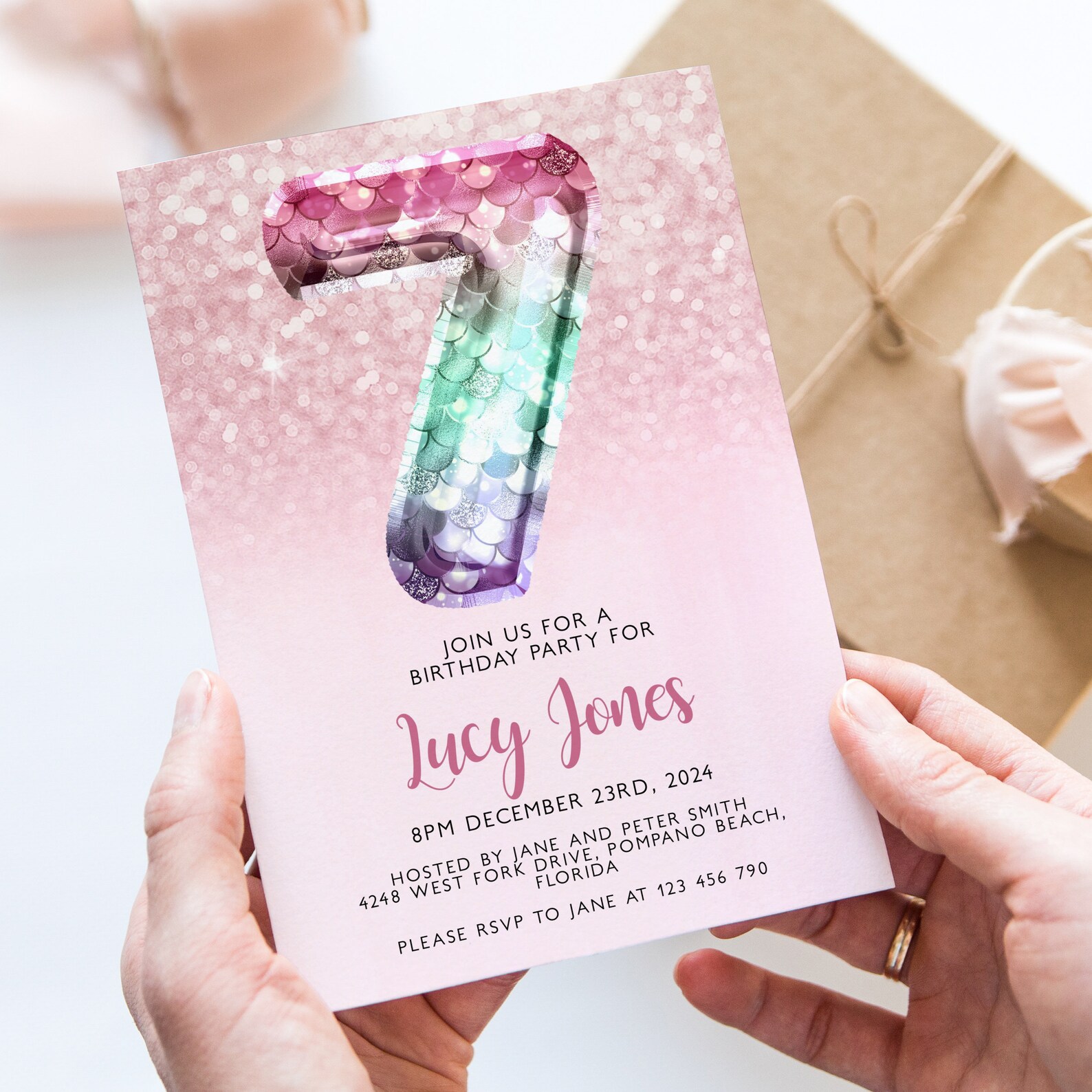 7th Mermaid Birthday Invitation Editable Template Balloon Invite 7 Year ...