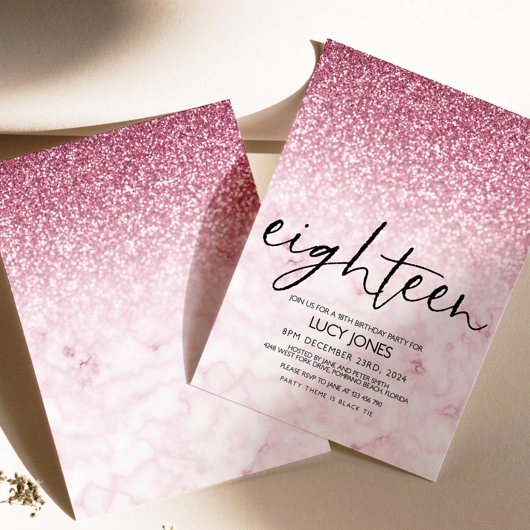 Editable 18th Birthday Party Invitation 18th Invite Pink Glitter Marble ...