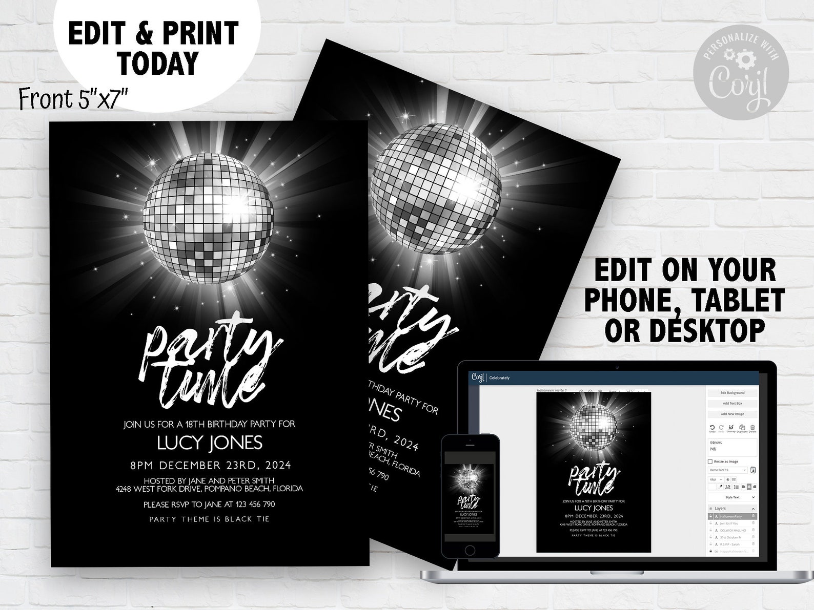 Disco Ball Invitation Party Time Silver Birthday Invitation | Etsy
