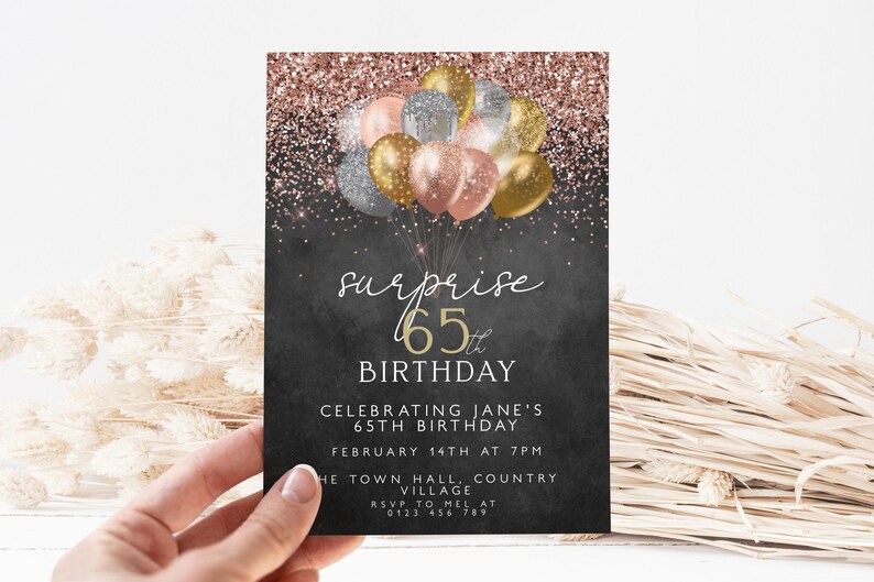 Surprise 65th Birthday Invitation Editable Template Rose Gold Glitter ...