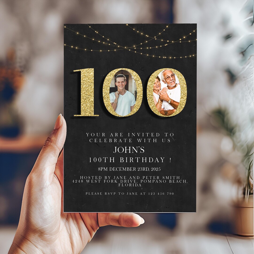 100th Birthday Invitation With Photo Editable Hundred Invite Black ...