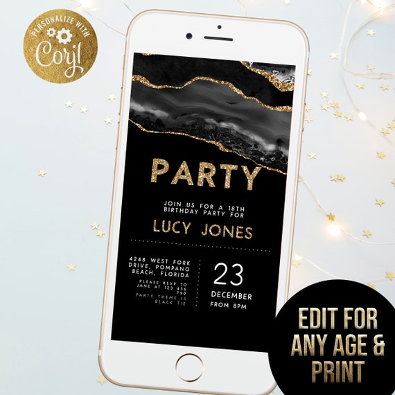 Paperless Electronic Party Invite, Black Agate Geode Party Invitation ...