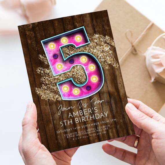 5th Birthday Invitation Editable Template Marquee Glitter Rustic Dark ...