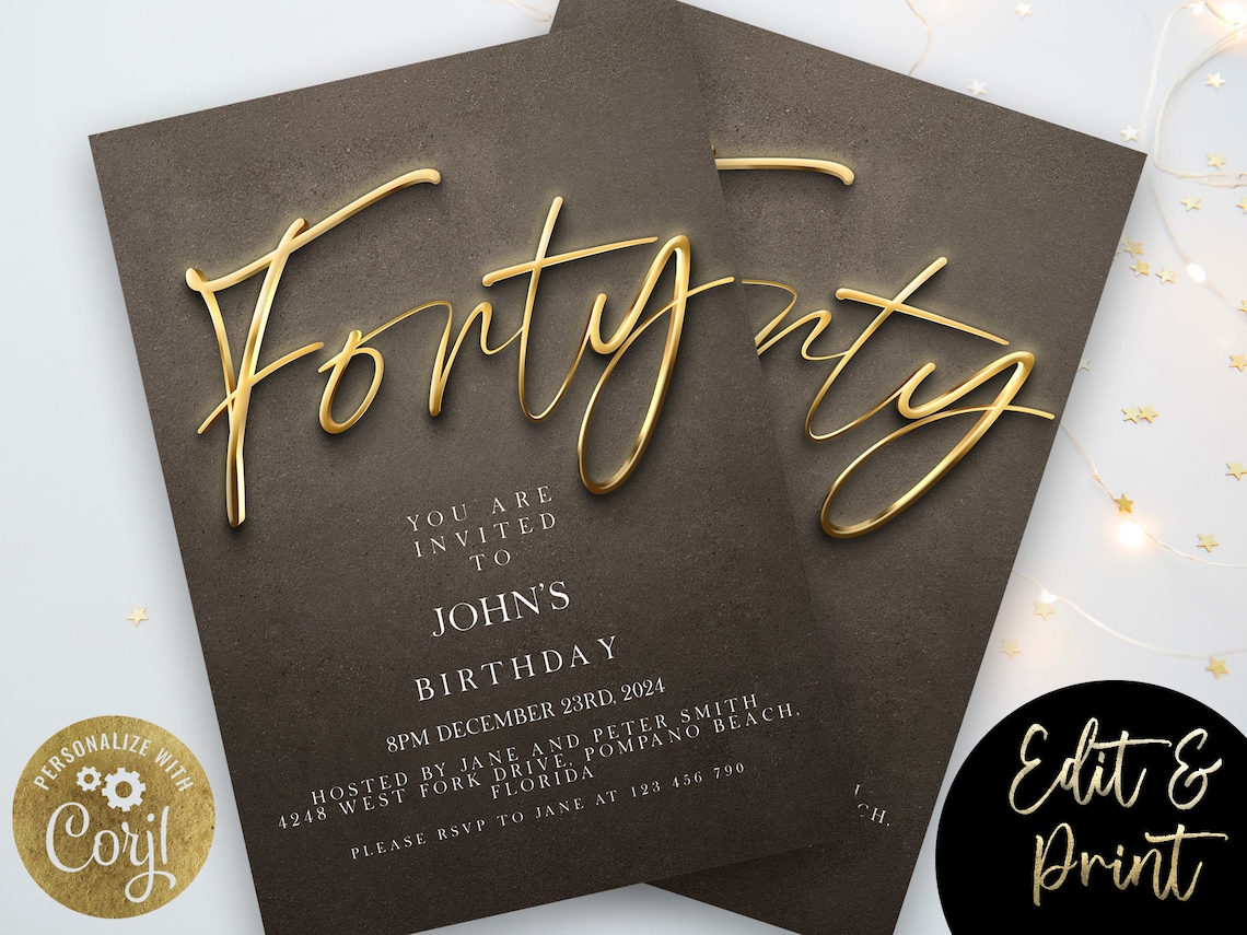 Editable 40th Birthday Invitation Template 40th Invite Black Gold ...