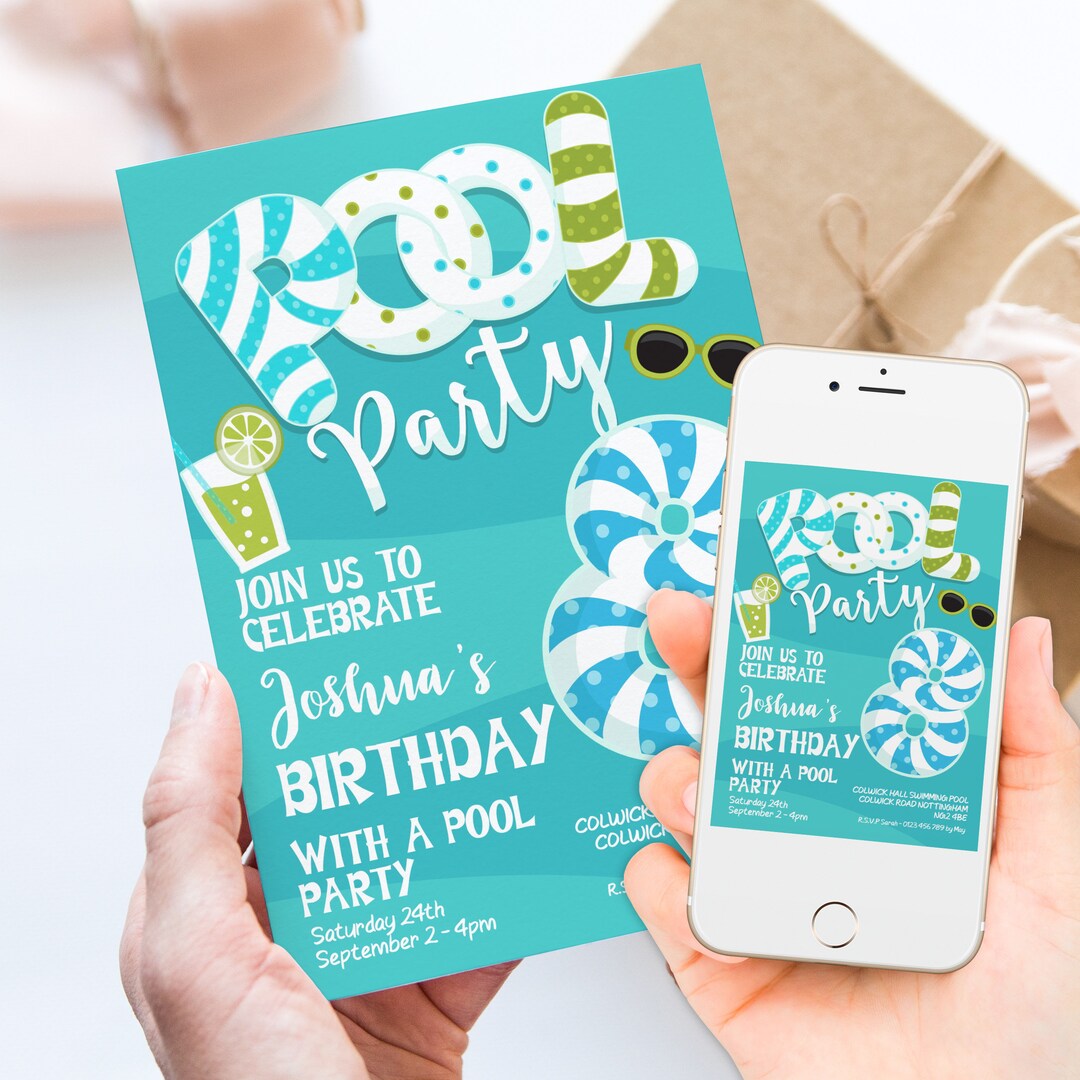8th Birthday Editable Pool Party Invitation for Boys Summer Party ...