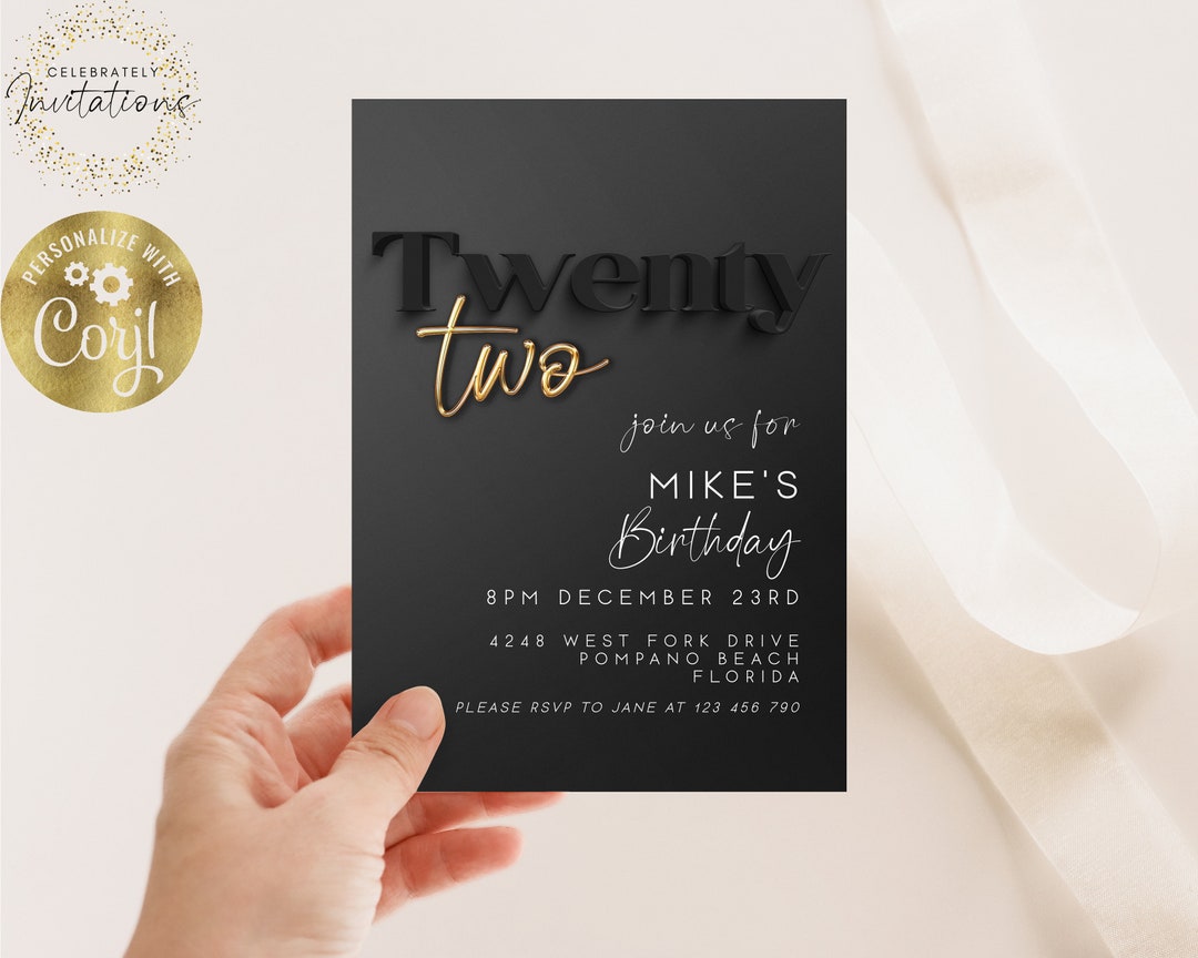 20th Birthday Invitation Editable Black and Gold Invite 21st 22nd 23rd ...