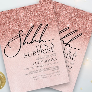 Editable Shh Its a Surprise Birthday Party Invitation Invite Rose Gold ...