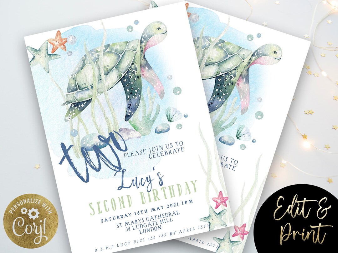 2nd Birthday Invitation Turtle Sea Life Invite Printable Instant ...